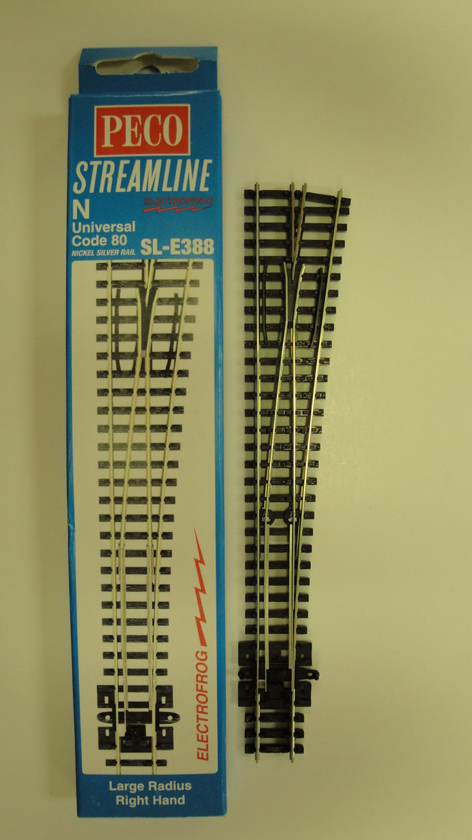 Peco SL E388 N Scale Right Hand Long Radius Electrofrog Turnout Code 8 peco-sl-e388-n-scale-right-hand-long-radius-electrofrog-turnout-code-8
