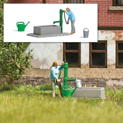 Busch 7975 Water Pump Scene - Action Set -- Pump/Cistern, Gardner Figu ...
